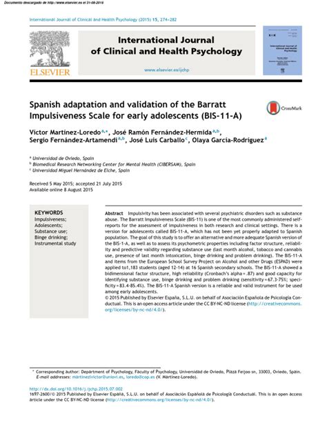 Spanish Adaptation Validation Barratt Pdf Impulsivity Substance Use Disorder