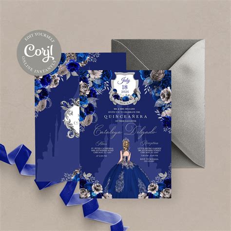 Editable Invitation Elegant Royal Blue Floral Quinceanera Invitation