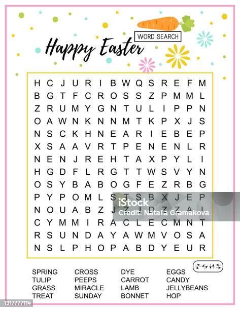 행복 부활절 단어 검색 퍼즐 아이들을위한 교육 게임 휴일 크로스 워드 퍼즐 파티 카드 영어 단어를 배우기위한 축제 다채로운 페이지 워크 시트 가로세로 낱말퍼즐에 대한 스톡