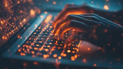 Hands Typing On A Laptop Keyboard Illuminated By Glowing Particles In A Dimly Lit Environment