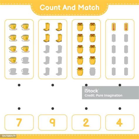 계산 및 일치 온도계의 수를 계산 고무 부츠 차 컵 잼과 올바른 숫자와 일치 교육 어린이 게임 인쇄 워크 시트 벡터 일러스트레이션 0명에 대한 스톡 벡터 아트 및 기타