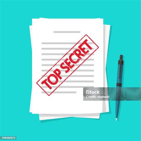 기밀 비밀 문서 정보 또는 텍스트 파일 오래된 고무 스탬프 벡터 평면 만화 일러스트 레이션 테이블 데스크에 펜이있는 개인 제한 데이터 보고서 페이지의 아이디어 문서에 대한
