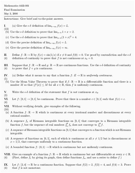 Math 4433 004 Introduction To Analysis Final Exam With Solutions