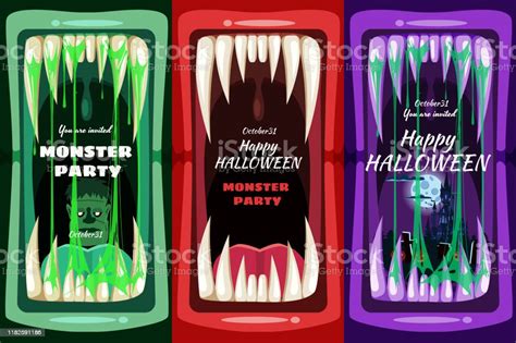 세트 소름 할로윈 파티 배너 무서운 괴물 캐릭터 치아 턱 입 침 닫기 어두운 성 호박 머리 좀비 묘지 벡터 무서운 일러스트 초대