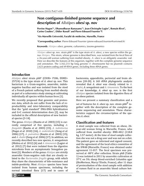 Pdf Non Contiguous Finished Genome Sequence And Description Of Alistipes Obesi Sp Nov