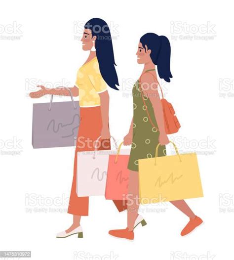 행복 한 엄마와 쇼핑백 세미 플랫 컬러 벡터 문자를 가진 딸 걷기에 대한 스톡 벡터 아트 및 기타 이미지 걷기 쇼핑 여자 Istock