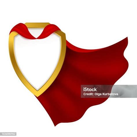 붉은 망토가 있는 배지 황금 방패와 현실적인 카니발 옷 맨틀 3d 영웅 망토 성공과 리더십 의 상징 권력의 고립 된 기호 벡터 주홍 커튼과 고대 갑옷 고대의에 대한 스톡