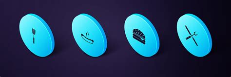 이소메트릭 크로스 포크와 나이프 버거 핫도그 샌드위치 바비큐 주걱 아이콘을 설정합니다 벡터 3차원 형태에 대한 스톡 벡터 아트 및 기타 이미지 Istock