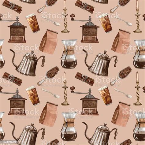수채화 커피 원활한 패턴 베이지 색 배경에 손으로 그린 빈티지 커피 요소와 뜨거운 음료 아침 식사 배경 0명에 대한 스톡 벡터 아트 및 기타 이미지 Istock