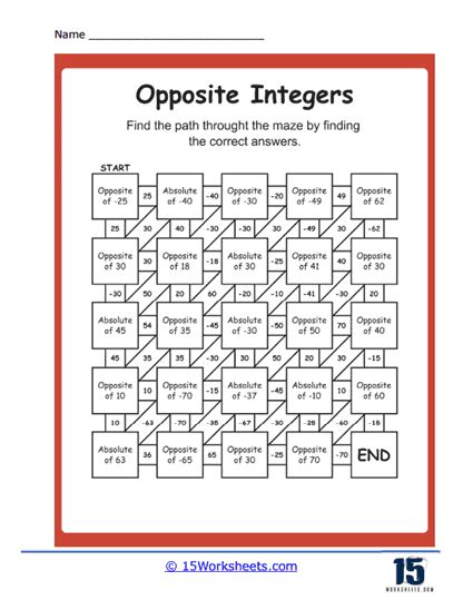 opposite value of integers worksheets 15