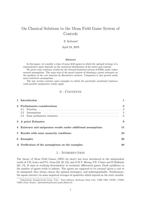 Pdf On Classical Solutions To The Mean Field Game System Of Controls