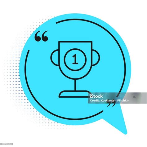 흰색 배경에 격리 된 검은 선 수상 컵 아이콘입니다 우승자 트로피 기호입니다 챔피언십 또는 대회 트로피 스포츠 업적 표지판 파란색 음성 풍선 기호입니다 벡터 일러스트레이션