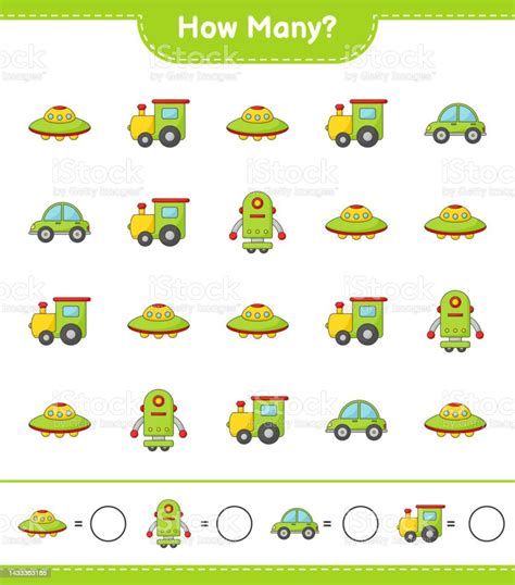카운팅 게임 얼마나 많은 기차 로봇 캐릭터 자동차 그리고 Ufo 교육 어린이 게임 인쇄 가능한 워크 시트 벡터 일러스트 레이 션