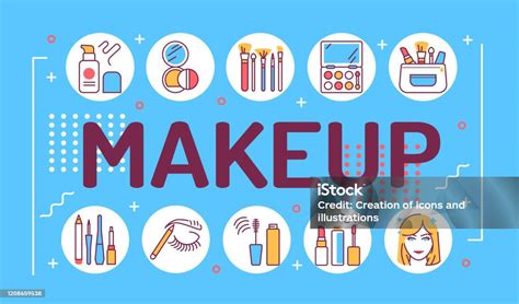 얼굴 메이크업 단어 문자 타이포그래피 화장품 여성스러운 스킨케어 파란색 배경에 선형 아이콘이 있는 인포그래픽입니다 창의적인 아이디어 컨셉 격리된 윤곽선 색상 일러스트레이션