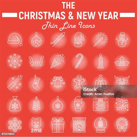 크리스마스 라인 아이콘 세트 새 해 기호 컬렉션 벡터 스케치 로고 삽화 휴일 표지판 선형 무늬 패키지 빨간 배경 Eps 10에 고립 12월에 대한 스톡 벡터 아트 및 기타