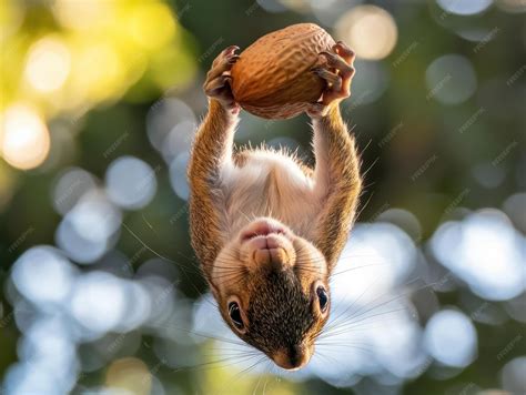 Squirrel Hanging Upside Down Grabbing A Nut In A Funny Way Premium Ai Generated Image