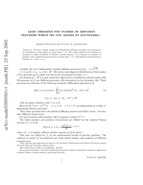 Pdf Limit Theorems For Number Of Diffusion Processes Which Did Not Absorb By Boundaries
