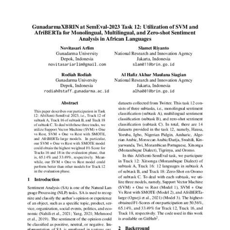 GunadarmaXBRIN At SemEval Task Utilization Of SVM And AfriBERTa For Monolingual