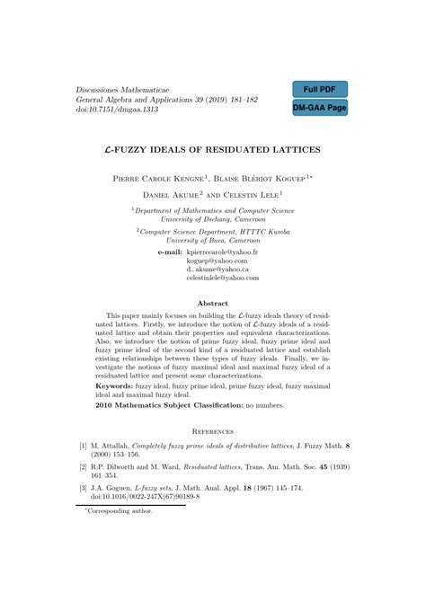 Pdf ℒ Fuzzy Ideals Of Residuated Lattices