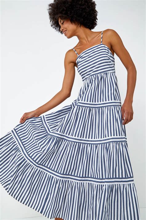 Navy Sleeveless Stripe Tiered Cotton Maxi Dress Roman Uk