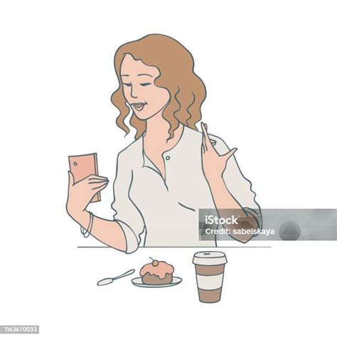 말하는 여자 벡터 일러스트 손으로 그린 어린 소녀는 스마트 폰을 들고 말하기 개념에 대한 스톡 벡터 아트 및 기타 이미지