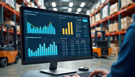 Warehouse Worker Uses Advanced Analytics Software On Computer Screen