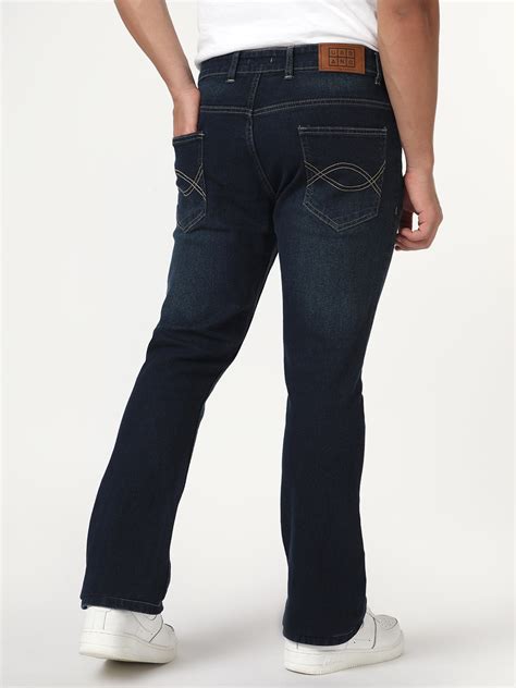 Mens Dark Blue Bootcut Fit Mid Rise Heavy Washed Jeans Stretchable