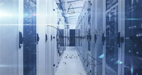 Animation Of Mathematical Equations And Diagrams Over Bars On Server Racks In Server Room Stock