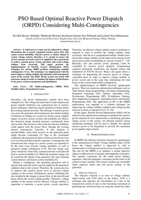 PDF PSO Based Optimal Reactive Power Dispatch ORPD Considering Multi Contingencies