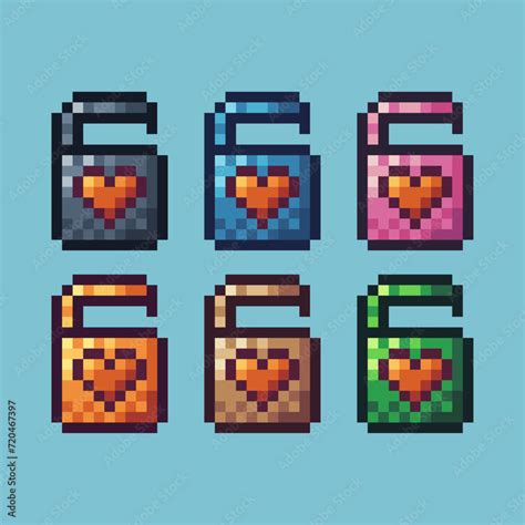 Pixel Art Sets Icon Of Love Padlock With Variation Color Love Padlock Icon On Pixelated Style