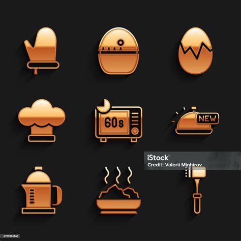 세트 전자 레인지 뜨거운 수프 그릇 부엌 망치 쟁반 음식 프렌치 프레스 요리사 모자 깨진 계란 및 오븐 장갑 아이콘으로 덮여 있습니다 벡터 가리기에 대한 스톡 벡터 아트 및
