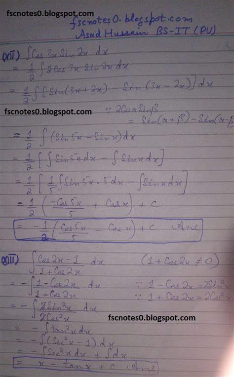 Fsc Ics Notes Math Part 2 Chapter 3 Integration Exercise 32 Complete