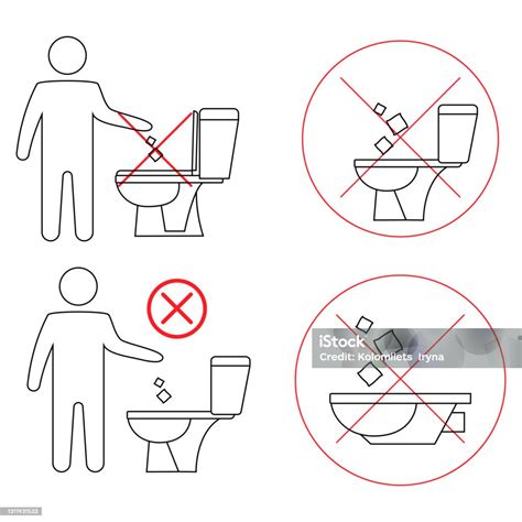 화장실에 쓰레기를 버리지 마십시오 화장실 쓰레기가 없습니다 깨끗하게 유지합니다 종이 타월 위생 제품 아이콘을 플러시하지 마십시오 금지 아이콘 쓰레기 경고 기호가 없습니다