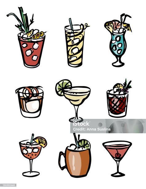 아이콘 손으로 그린 잉크 복고풍 색상 벡터 일러스트의 컬렉션 세트 다양한 알코올 칵테일 안경 높은 공 마티니 마가리타 구식 모스크바 노새 카드 포스터 또는 바 메뉴 레시피