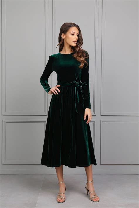 Dark Emerald Green Velvet Dress Midi Dress Evening Dress Wedding Guest Dress Cocktail Dress