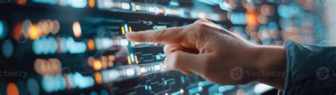 Close Up Of A Hand Touching A Translucent Digital Interface Panel With Glowing Data