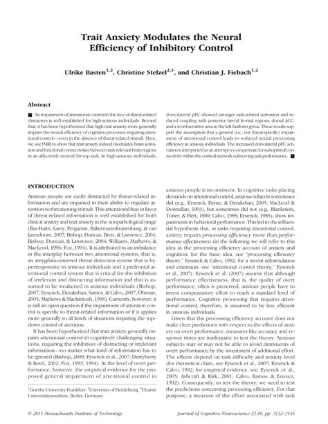 Pdf Trait Anxiety Modulates The Neural Efficiency Of Inhibitory Control