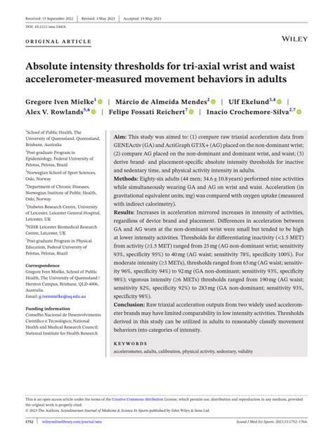 Pdf Absolute Intensity Thresholds For Tri‐axial Wrist And Waist