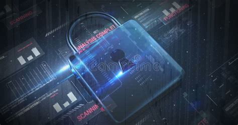 Image Of Cyber Attack Warning And Padlock Icon Over Server Room Stock