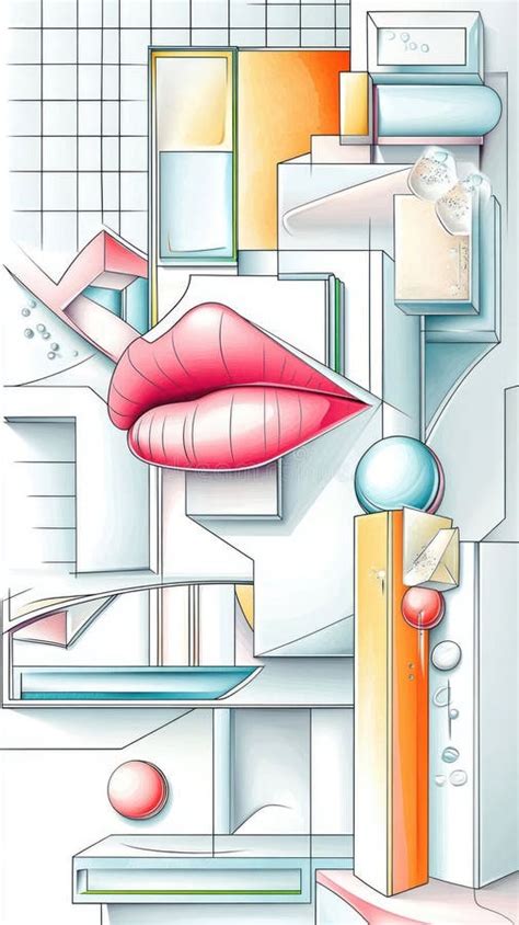 Abstract Composition Featuring Stylized Lips And Geometric Shapes In Soft Pastel Colors Stock