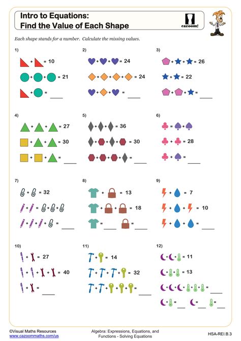 intro to equations find the value of each shape worksheet pdf