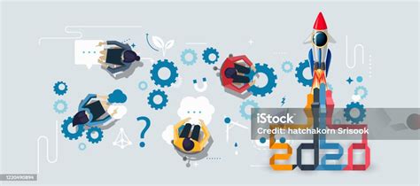 로고 2020 텍스트와 스타트 업 성공을위한 사업가와 레이디 브레인 스토밍 종이 접기 다채로운 아이디어 및 개념 벡터 일러스트 0명에 대한 스톡 벡터 아트 및 기타 이미지