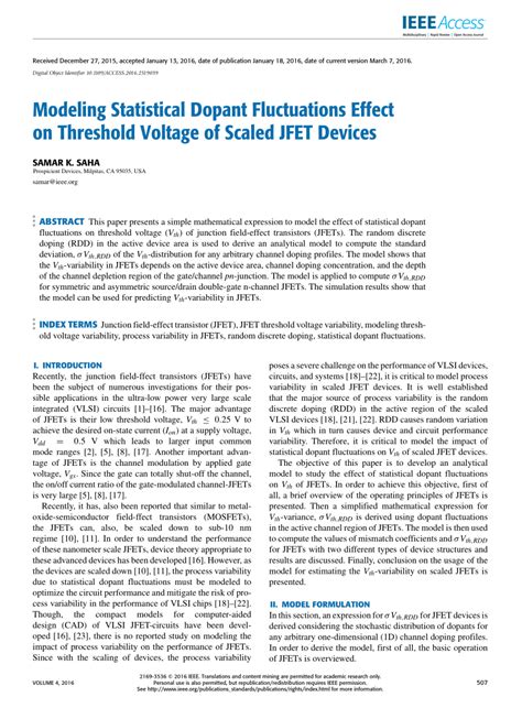 Pdf Modeling Statistical Dopant Fluctuations Effect On Threshold Voltage Of Scaled Jfet Devices