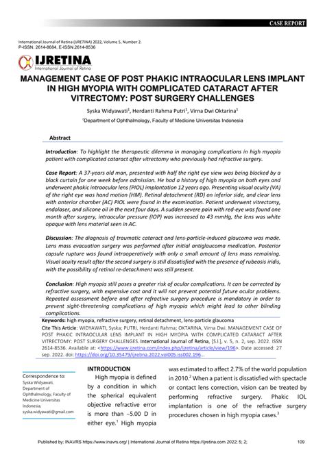 Pdf Management Case Of Post Phakic Intraocular Lens Implant In High Myopia With Complicated