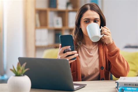 remote work from home coffee and woman with smartphone message and