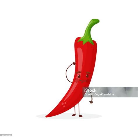 귀여운 재미 빨간 칠리 고추 벡터 고립 얼굴이 있는 뜨거운 야채 캐릭터 건강한 향신료 식물 미소 쾌활한 후추 벡터 일러스트레이션 고추류에 대한 스톡 벡터 아트 및 기타