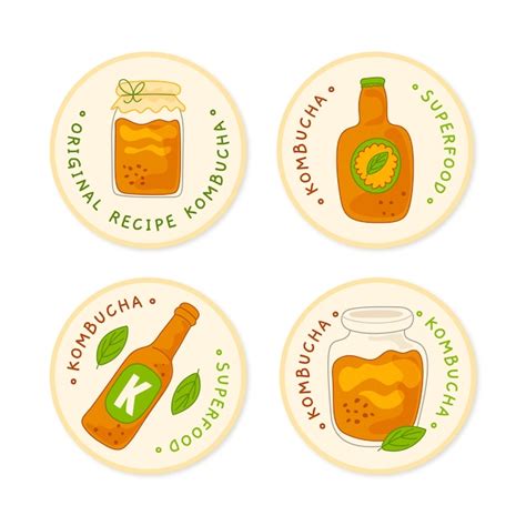손으로 그린 콤부차 라벨 컬렉션 무료 벡터