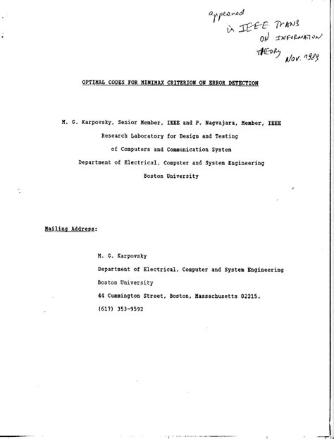 Pdf Optimal Codes For Minimax Criterion On Error Detection