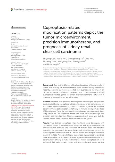Pdf Cuproptosis Related Modification Patterns Depict The Tumor Microenvironment Precision