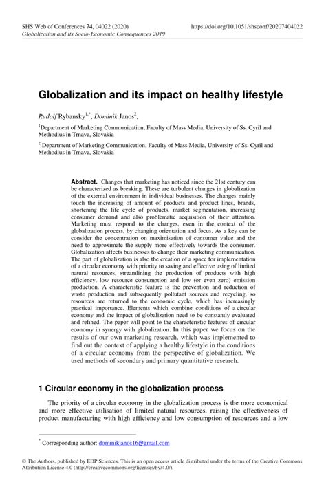 Pdf Globalization And Its Impact On Healthy Lifestyle